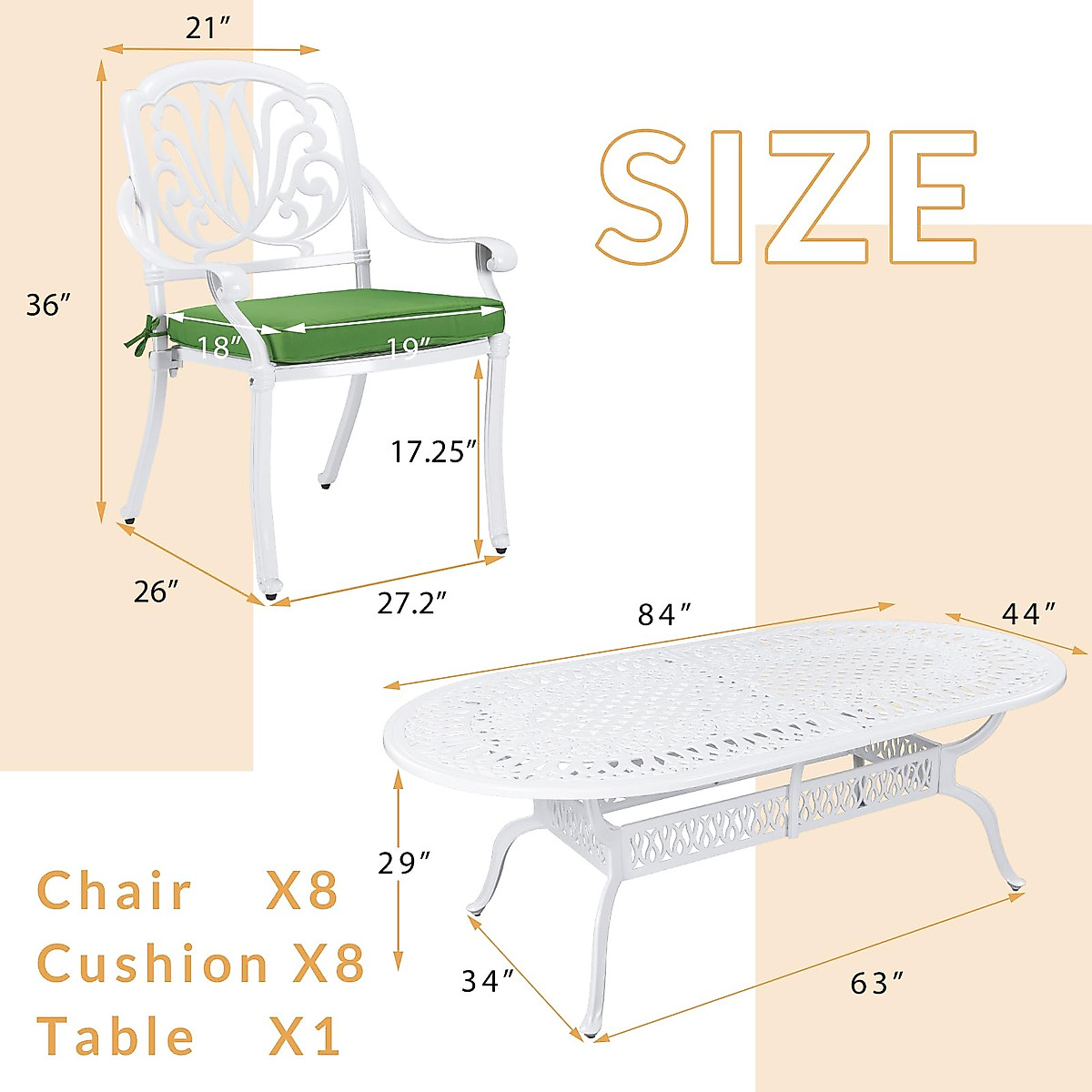 W WARMHOL 9-Piece Patio Dining Set, Outdoor Patio Table and Chair Set of 84” Oval Cast Aluminum Dining Table with Umbrella Hole and 8 Outdoor Dining Cushion Chairs, Patio Funiture Set, White