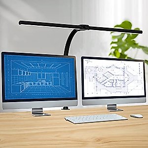 Mostorlit Double Head LED Desk Lamp, Eye Care Architect Tall Task Table Lamp with Clamp, 24W Super Bright Workbench Office Lighting for Monitor Studio Reading (Black)