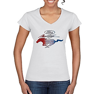 Ford Mustang Shirt USA Flag Mustang Emblem Cars and Trucks Women’s Standard V-Neck Tee, White, XX-Large