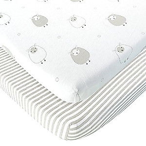 Travel Lite Crib Sheets Compatible with Graco Travel Lite Crib with Stages – Fits Perfectly on 20” x 30” Mattress Without Bunching Up – Snuggly Soft Jersey Cotton – Grey Sheep, Stripe – 2 Pack