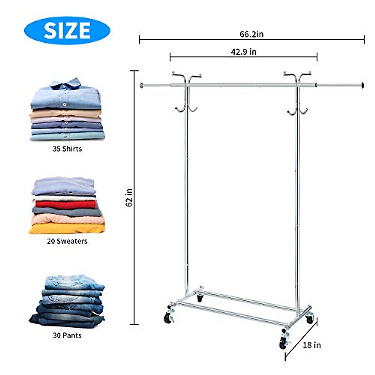 HOUSE AGAIN Adjustable 2-in-1 Heavy-Duty Garment Rack Clothes Coat Rack Rolling with Foot Operated Lockable Wheels, Extra Strength Clothes Rack for Hanging Clothes, Shoes Organizing, Chrome