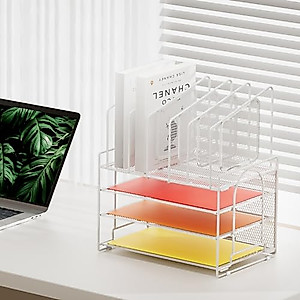 Marbrasse Mesh Desk Organizer, 4-Tier Mesh Desk File Organizer with 5 Vertical File Holders, Multifunction Desktop Organizer, Desk Organizers and Accessories for Home Office School,White