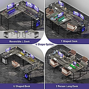Cyclysio L Shaped Desk with Power Outlets and USB Ports, Reversible L Shaped Gaming Computer Desk with LED Light, 83.5'' Large 2 Person Desk with Monitor Stand, L-Shaped Corner Desk, Grey and Black