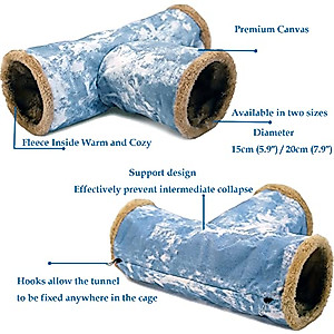 LeerKing Guinea Pig Tunnel 3 Way, Small Animal Hideout Toy Washable Canvas Fleece Tube Play Tunnel for Rats Ferret Bunny Gerbil Sugar Glider Chinchilla , Blue