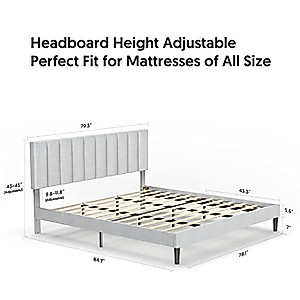BONSOIR King Size Bed Frame Modern Vertical Panel Upholstered Low Profile Platform with Tufted Headboard/No Box Spring Needed/No Bed Skirt Needed/Linen Fabric Upholstery/Light Grey