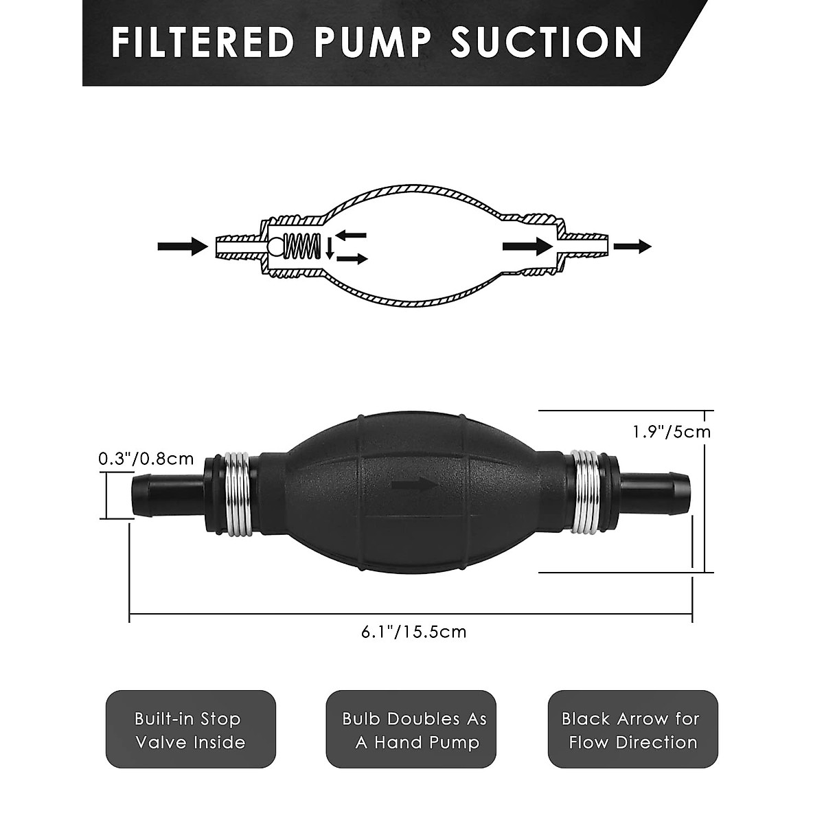 KATUMO Siphon Pump, Upgraded 15MM Enlarged Caliber Siphon Fuel Hand Pump for Gasoline, Oil, Diesel & Water with Hoses, Pinch Clips, Hose Retainer, Brass Extender