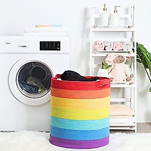 MINTWOOD Design Extra Large 20 x 18 Inches Decorative Woven Cotton Rope Basket, Tall Laundry Basket Hamper, Blanket Basket for Living Room, Round Storage Baskets for Pillows, Towels, Rainbow