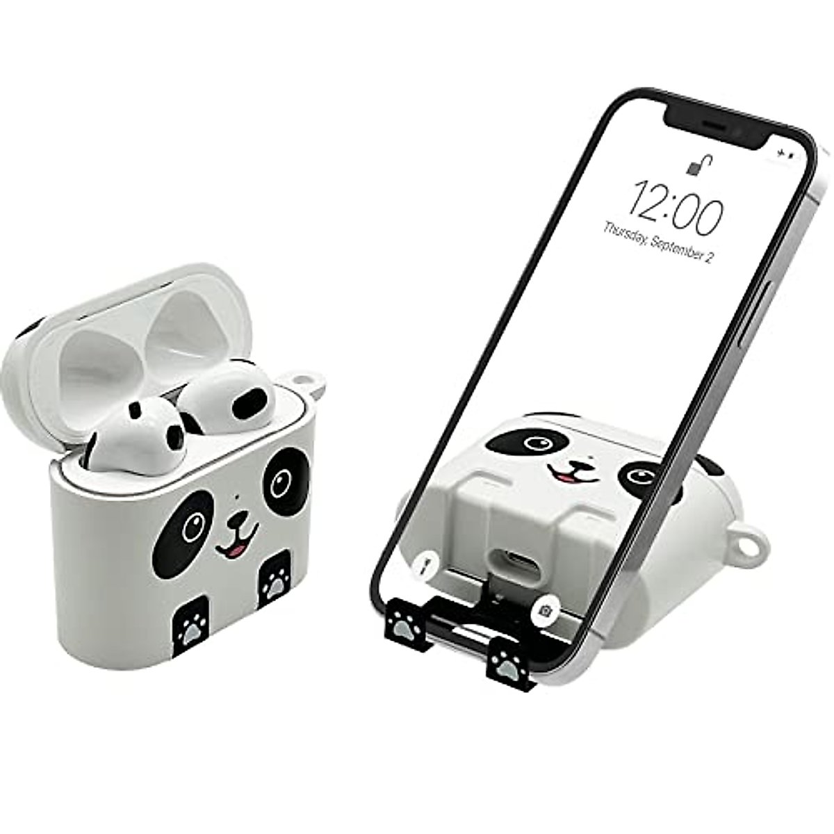 AirStand - AirPods 3 Case Cover with Invisible Phone Stand, Compatible with AirPods 3, Full Protection Shockproof Case with Keychain/Carabiner, Wireless Charging Supported, Patented Design (Panda)
