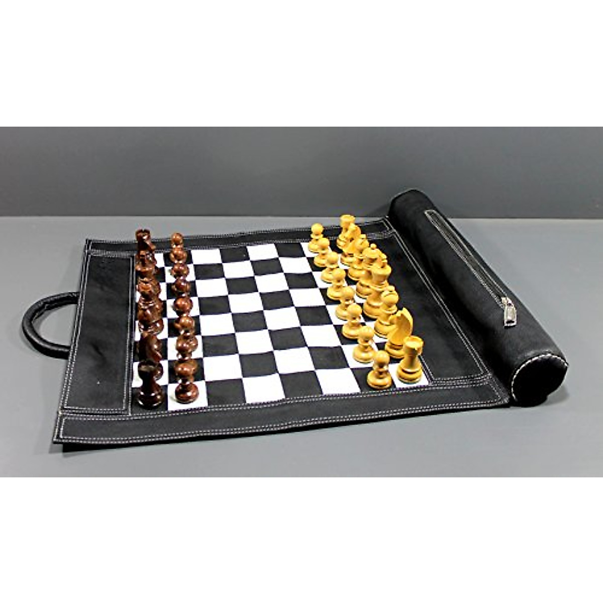 StonKraft - 19" x 15" (Playing Area 12" x 12") Genuine Roll-Up Leather Chess Set - with Wooden Chess Pieces - Black Colour | Comes with Innovative Carry Pouch