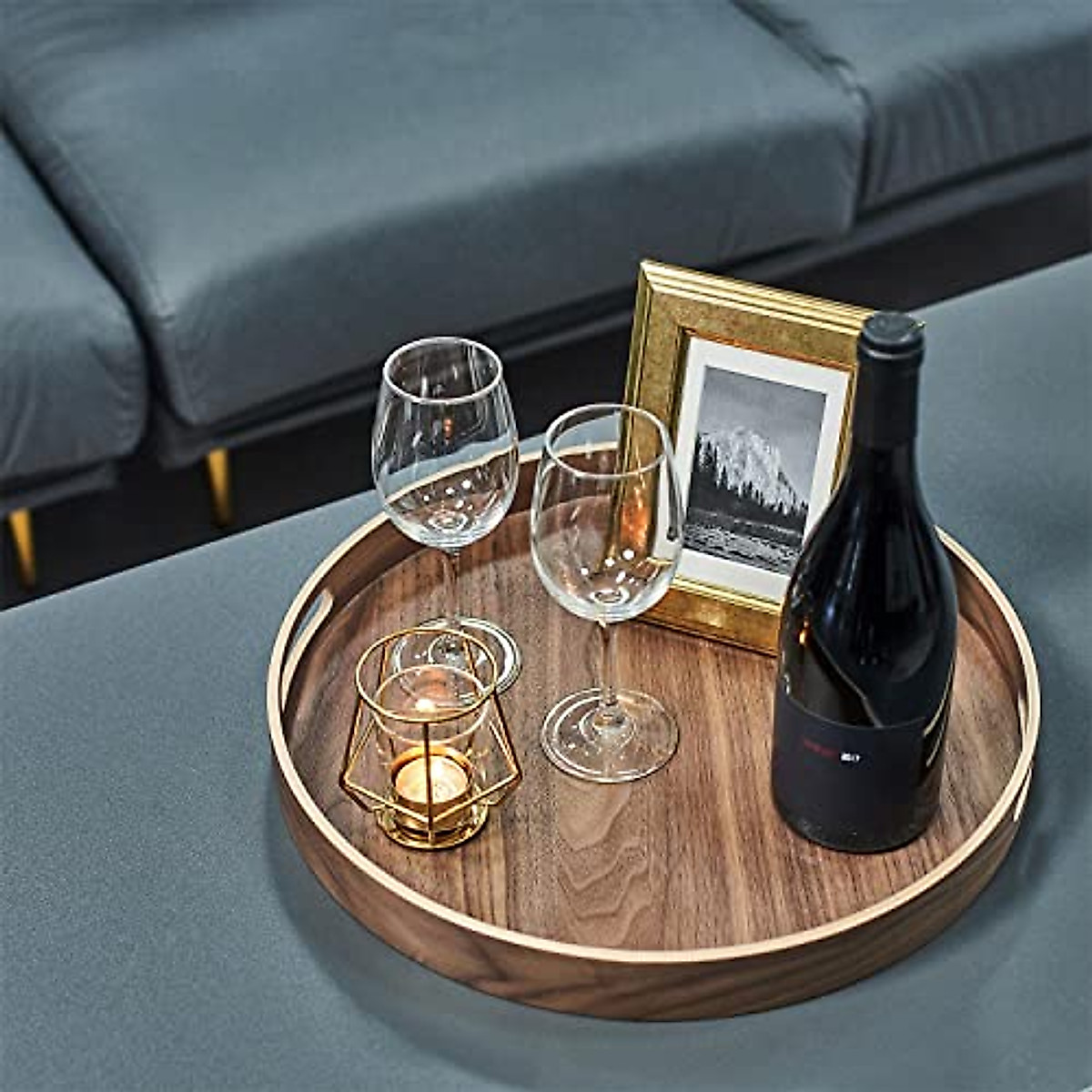 urbanplus 16.5" Walnut Large Round Serving Tray with Handles, Large Round Ottoman Tray, Bed Tray, Wood Serving Tray for Eating, Food, Coffee, Breakfast, Afternoon Tea, Decoration