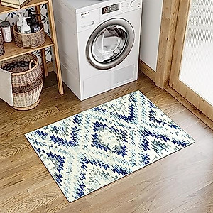 Lahome Washable Boho Bathroom Rug, Blue 2x3 Kitchen Rug with Rubber Backing Soft Entry Rugs, Southwestern Geometric Non Slip Bath Mat Floor Carpet for Laundry Bedroom