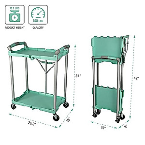 Olympia Tools 89-357 Pack-N-Roll Folding Collapsible Service Cart, Teal, 50 Lb. Load Capacity per Shelf, 2-Layers