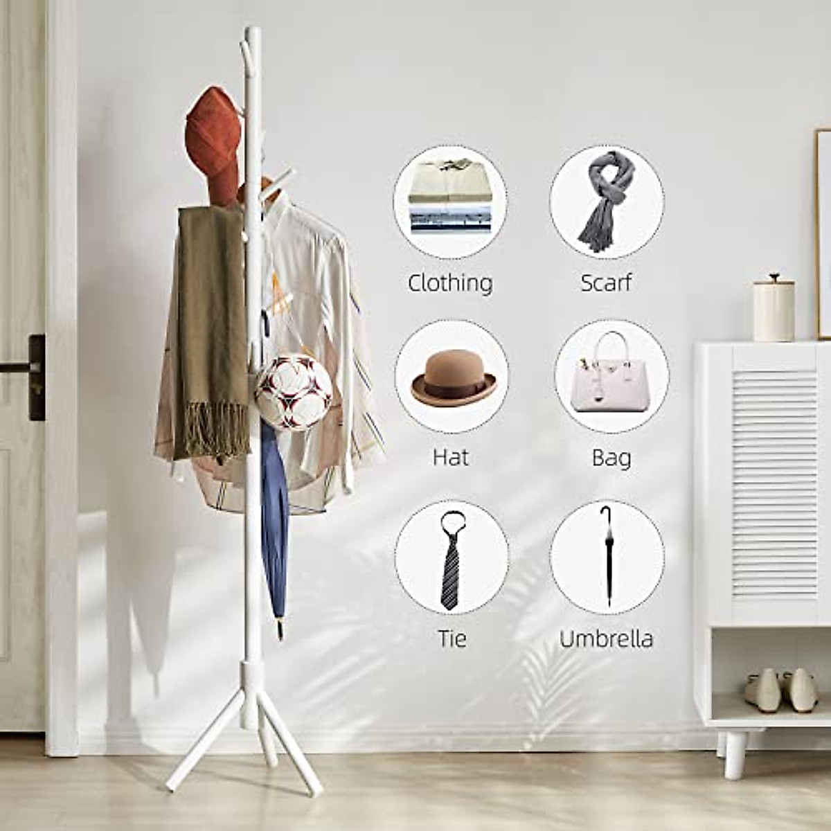 Aibiju Coat Rack Stand, Standing White Coat Rack with 8 Hooks and 3 Height Options, Small Hall Tree Coat Rack, Coat Tree Freestanding Suitable for Kids, Easy to Assemble White YD-1005