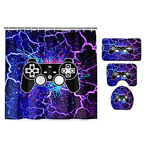 4Pcs Boys Shower Curtain Set for Bathroom Gaming Decor, Game Bathroom Sets with Gamepad Bath Rugs Toilet Lid Cover, Purple Lightning Painting Gaming Shower Curtain Washable, Blue (70 x 70 Inch)
