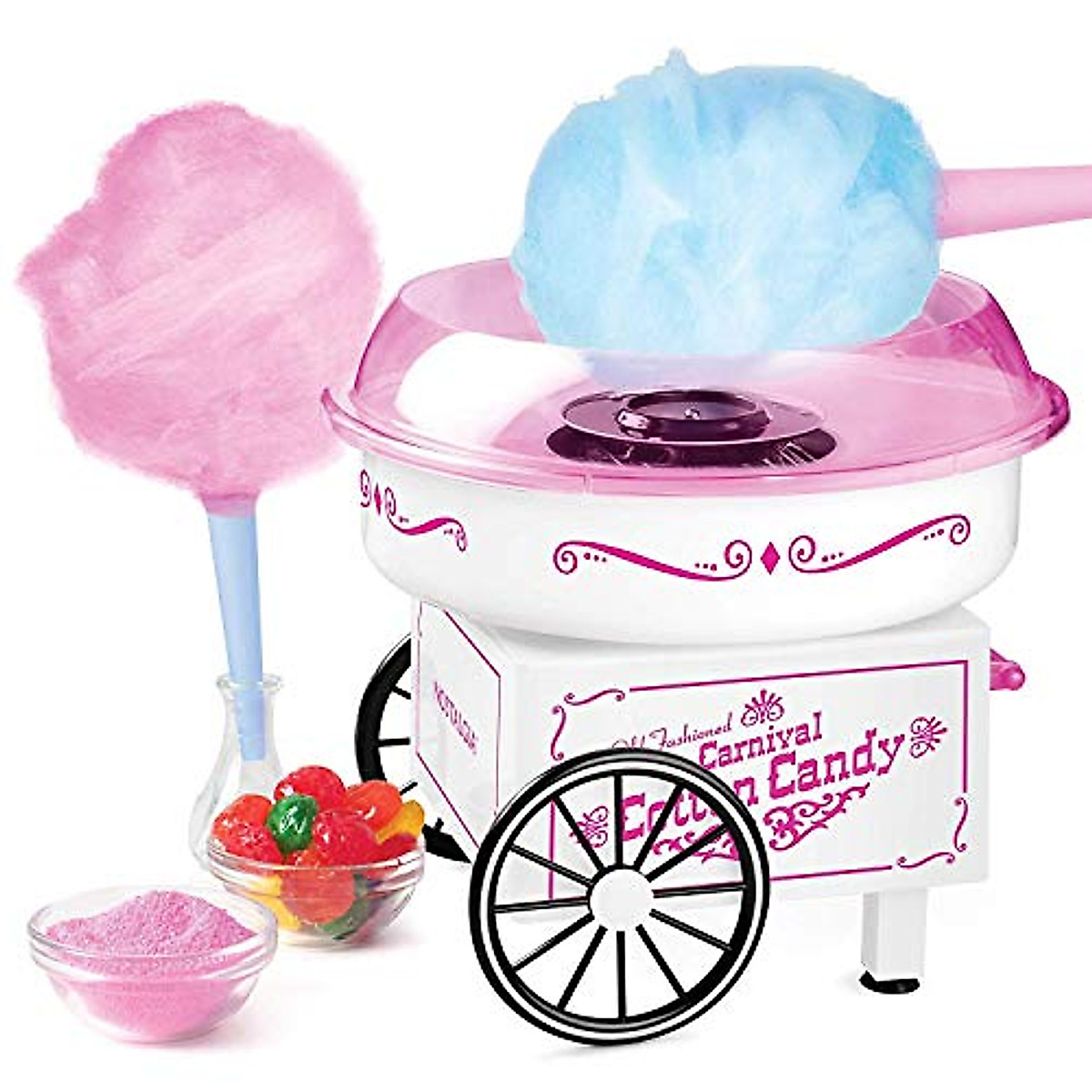 Nostalgia Cotton Candy Machine - Retro Cotton Candy Machine for Kids with 2 Reusable Cones, 1 Sugar Scoop, and 1 Extractor Head – White