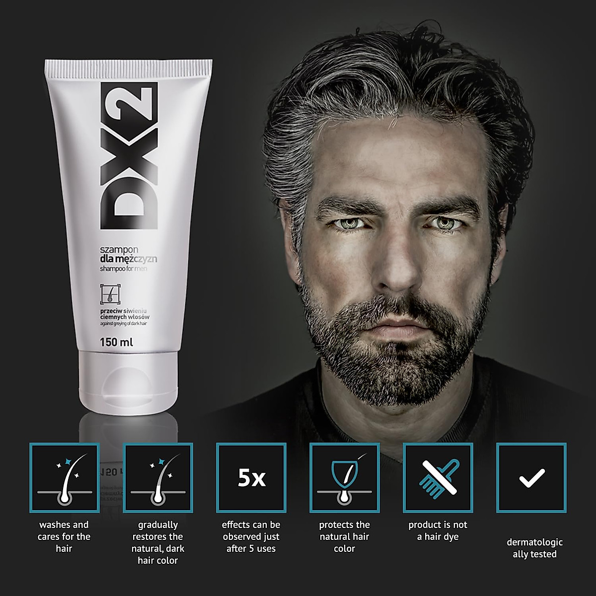 DX2 - Prevent Grey Hair Shampoo for Men - Gradual Dark Color Restoration, Daily Care to Protect Follicle Pigmentation - 150ml