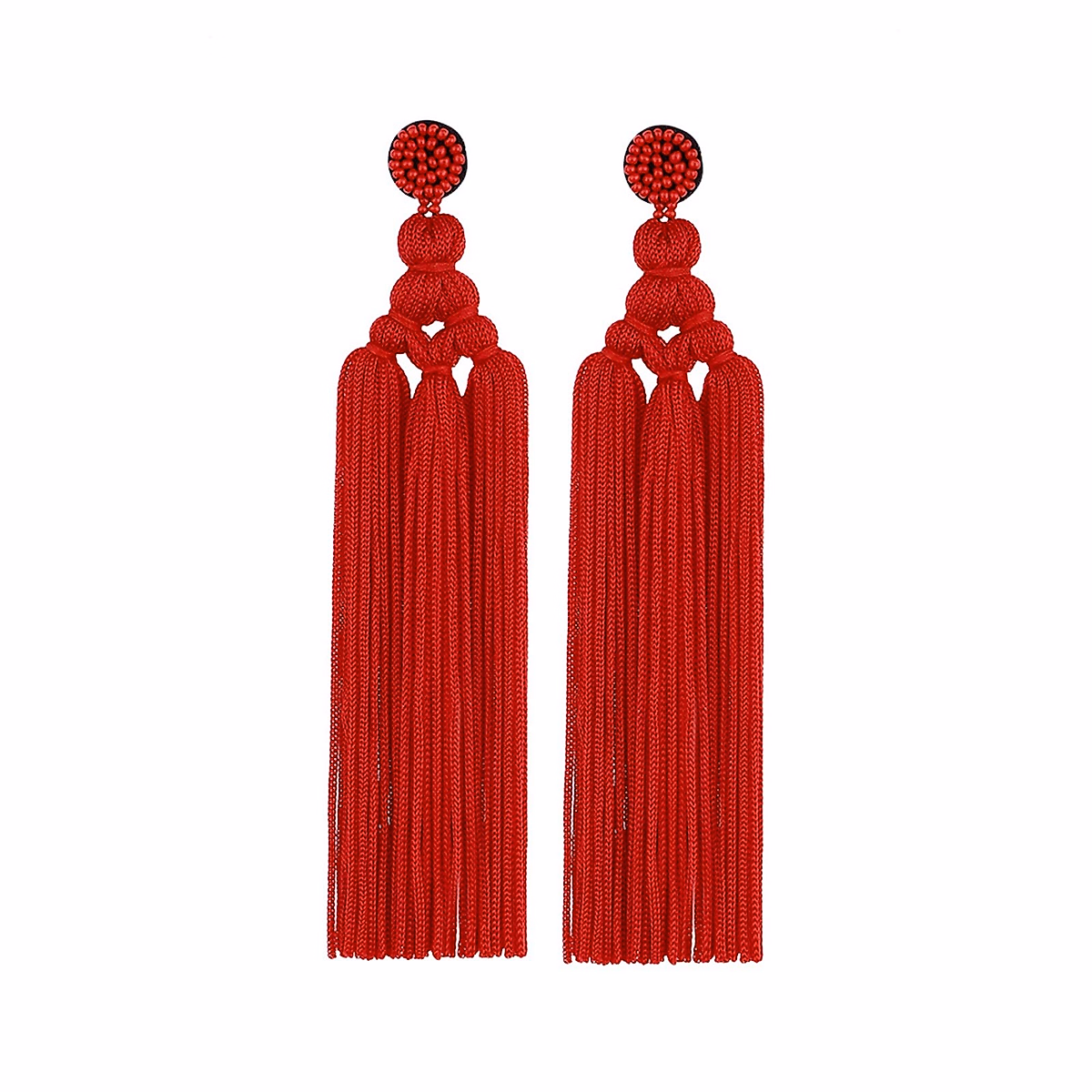 Long Woven Tassel Earrings Beaded Big Boho Statement Tassel Layer Dangle Earrings Large Bohemian Thread Fringe Layered Chandelier Drop Earrings Beads Tassel Earrings - red