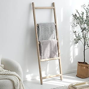 FUIN Fully Assembled 5ft Wood Blanket Ladder Living Room Decorative Wall Leaning Farmhouse Quilt Display Holder Rustic Wooden Towel Rack for Bathroom, Natural & Graywashed