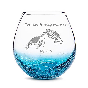 Valentines Day Gifts for Her, Sea Turtles Handmade Engraved Crackle Turquoise Beach Wine Glass, 18 Ounces