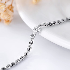 CTIEIP Sterling Silver 0.10 Cttw Real Diamond Bracelet,Rope Chain Station Bracelet for Women（I2-I3 Clarity）