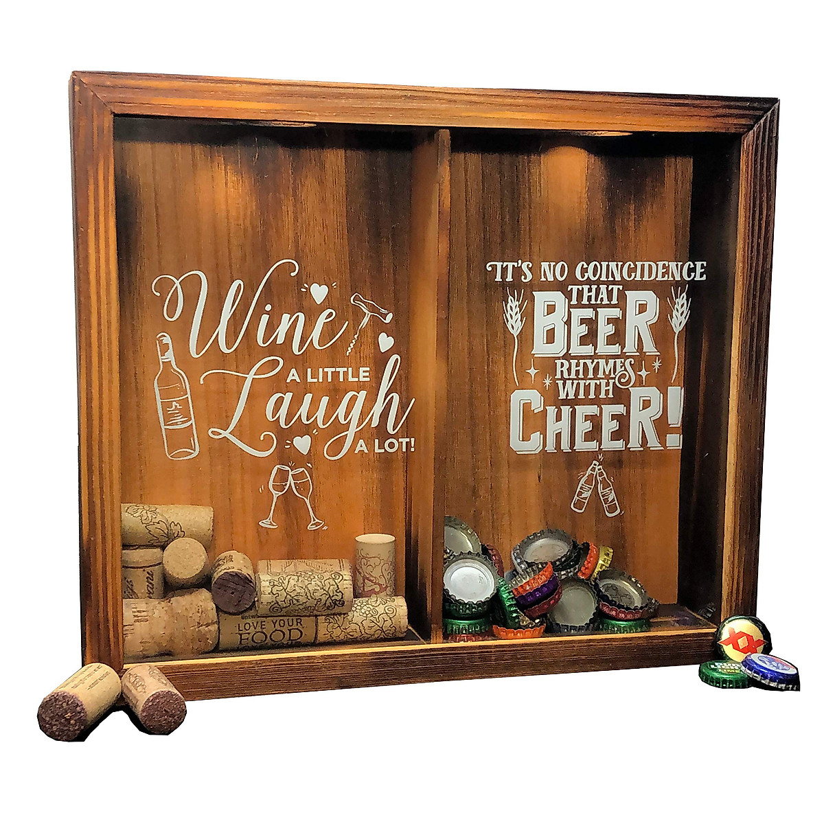 Wine Cork & Beer Cap Holder Shadow Box, Wall Mounted or Free Standing, Wine & Bar Decor for Him & Her, Rustic Stained Wood, 11" x 13"