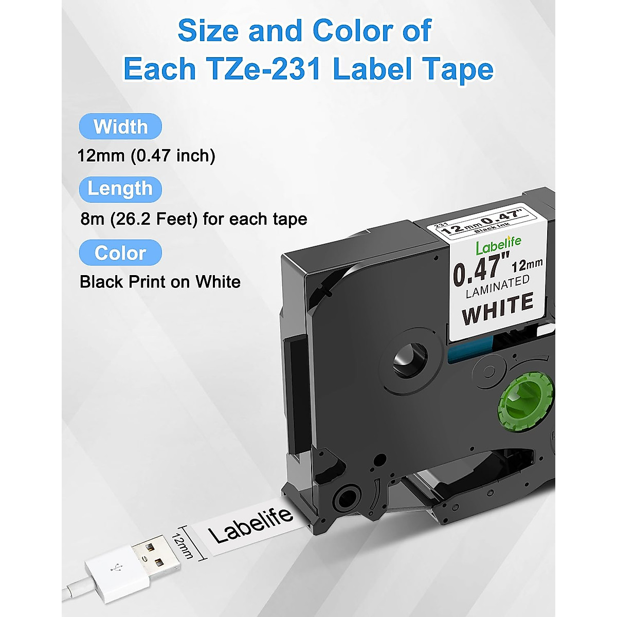 Labelife 6-Pack P Touch Label Tape TZe-231 Replacement for Brother TZe TZ Tape 12mm 0.47 Laminated White Label Maker Tape TZe231 TZ231 for Brother P Touch Label Maker PT-D210 PT-D220 PT-H110 PT-D600