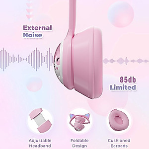TOKANI Kids Headphones, Bluetooth Wireless Headphones for Kids Teens Adults, Over-Ear Bluetooth Headphones with Microphone, Cat Ear Headphones for Girls Women (Pure Pink)
