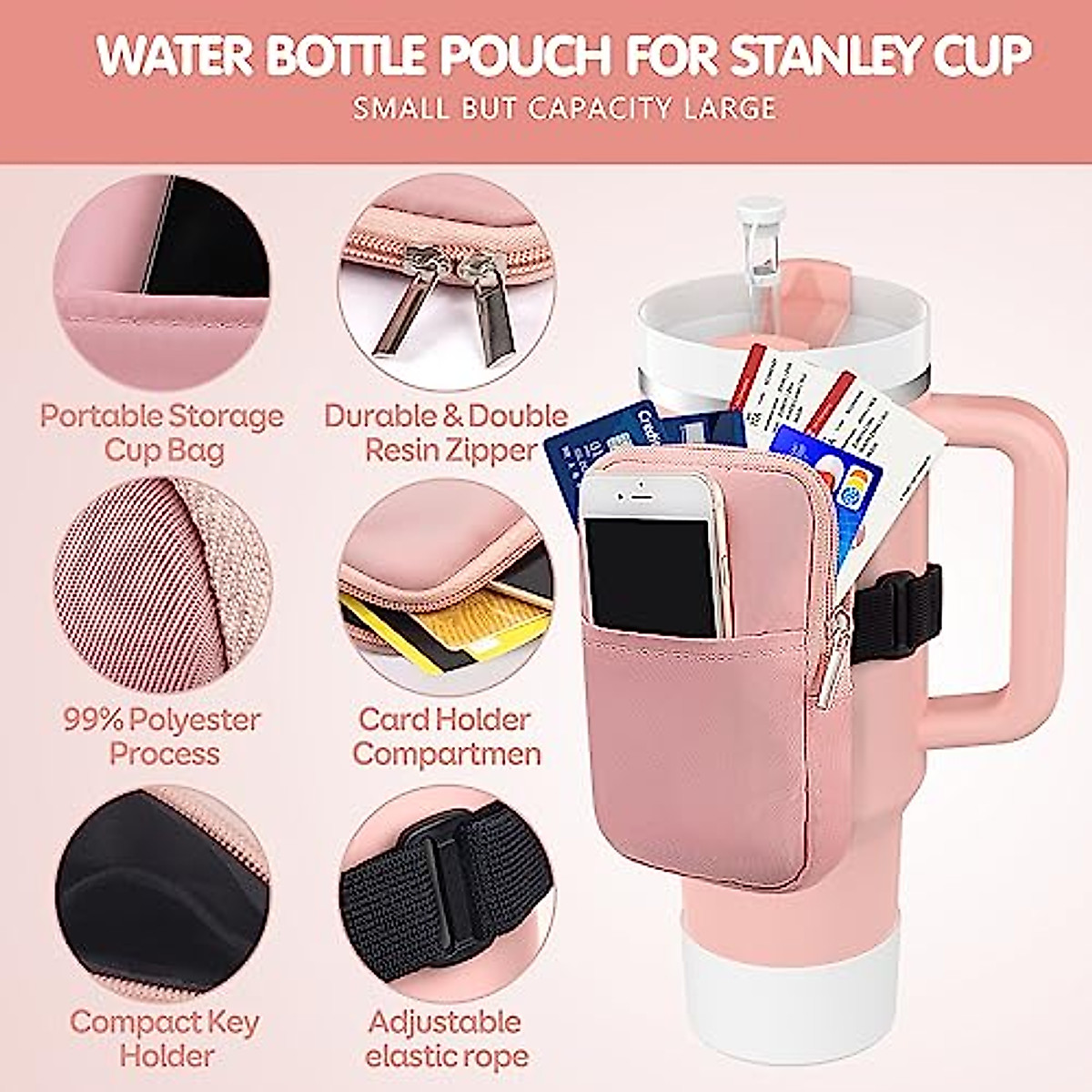 8PCS Water Bottle Pouch for Stanley Cup Fanny Pack Accessories Spill Leak Proof Stopper Set for Stanley 2.0 40oz/30oz,Gym Accessories for Women Tumbler Accessories Running Water Bottle Handheld Caddy