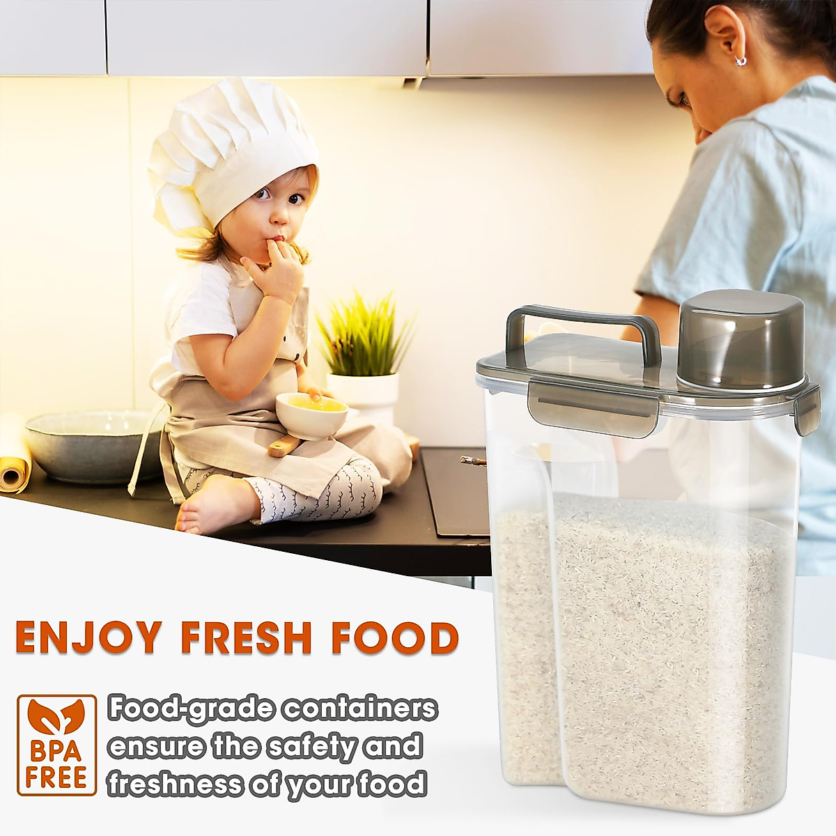 TBMAXS Rice Storage Container 10 Lbs, Airtight Food Dispenser with Large Spout and Cup for Rice, Cereal, Flour, Oatmeal, Pet Dog Cat Food Storage