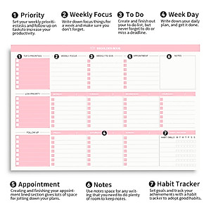 Weekly Planner Notepad Undated Weekly Goals Schedule Planner To Do List Notebook Tear Off Planning Pad Calendars Organizers Habit Tracker Journal for Man & Women,52 Weeks Pink (7x10")