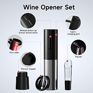 Electric Wine Opener, Automatic Wine Bottle Corkscrew with Air Pump, Foil Cutter, Pourer, Vacuum Stoppers (4PCS)， Professional Easy Rechargeable Vino Opener Set Suitable for Home, Travel