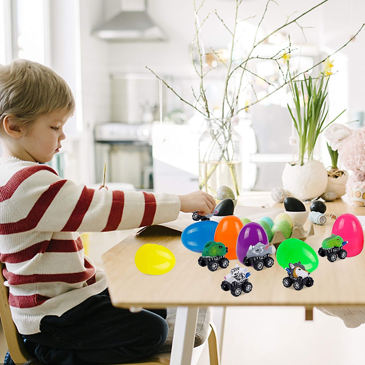 DR.DUDU Large Easter Eggs with Toys Inside, 4 X 3, 6 Pcs Easter Surprise Eggs with 6 Pcs Animal Pullback Toy Cars, Egg Toys for
