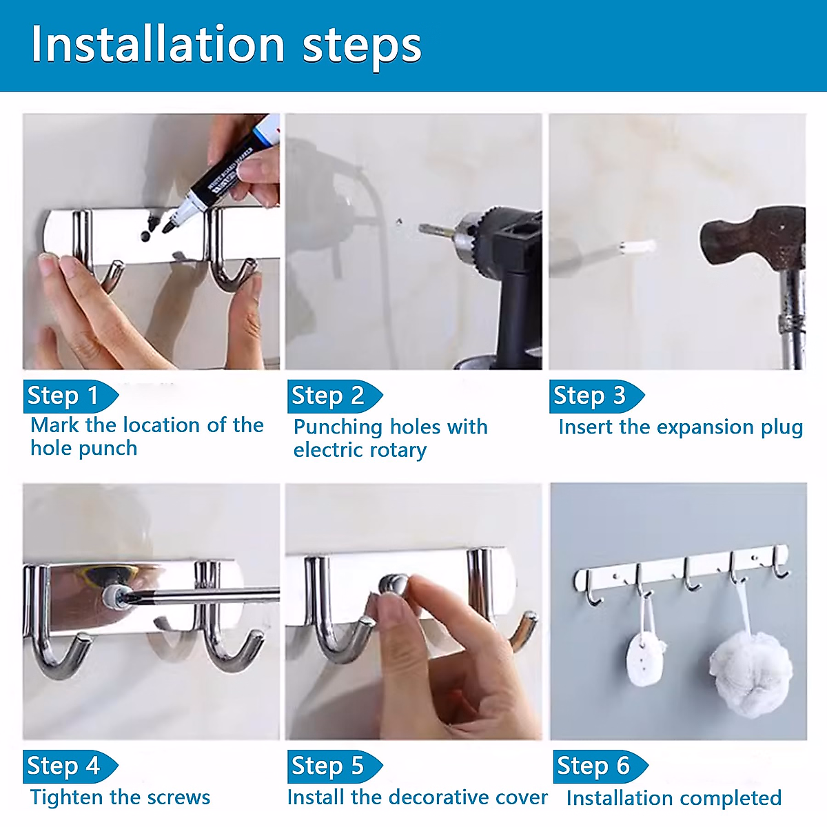 minidodoca Coat Rack Wall Mounted - 5 Hooks, 304 Stainless Steel, Metal Coat Hook Rail for Coat Hat Towel Purse Robes Mudroom Bathroom Kitchen Entryway (Silver, 2 Packs)