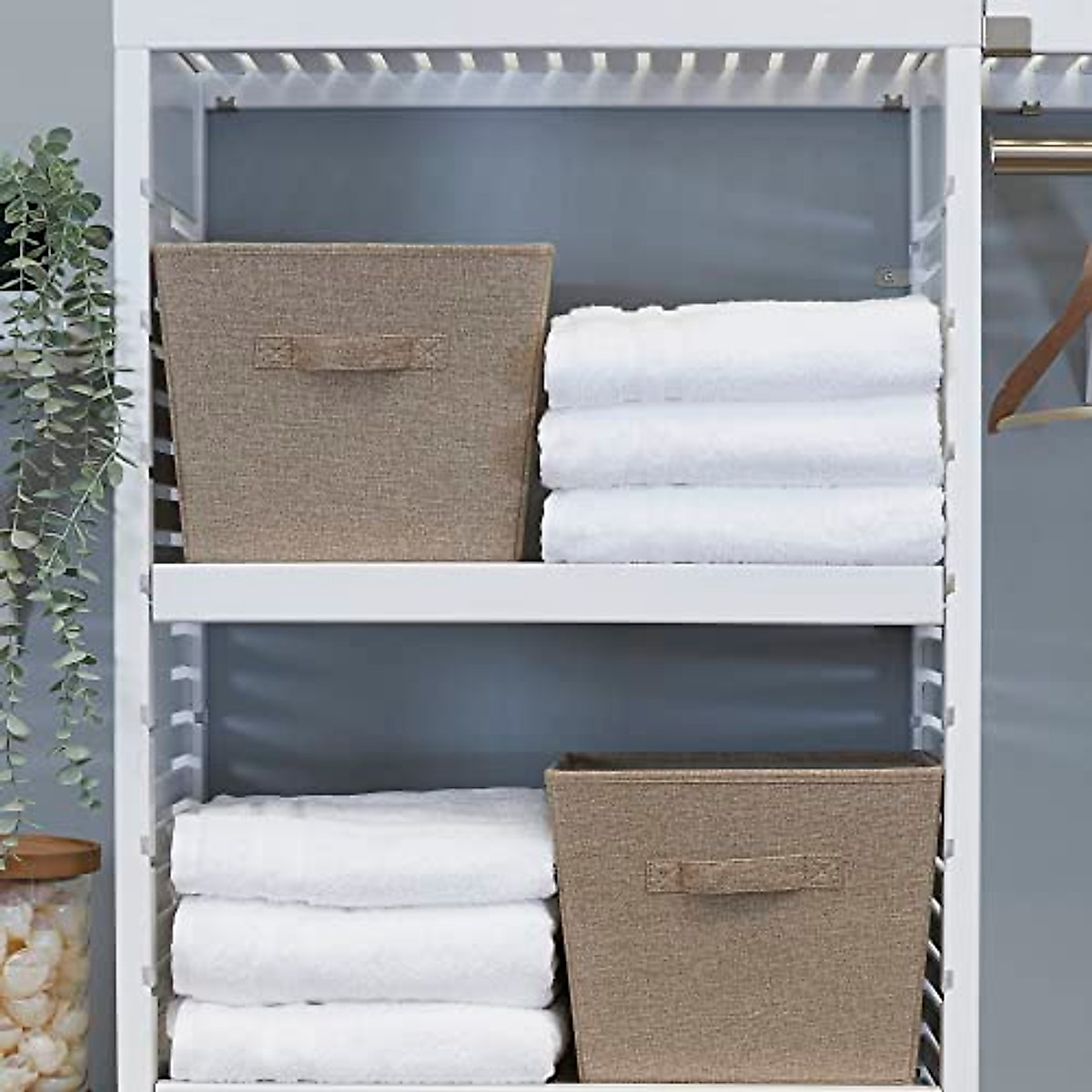 Household Essentials Medium Fabric Storage Bins 2 Pack, Storage Bins with Handles, Poly Linen Fabric with Wire Framing, Great for Shelving Organization, Latte Linen