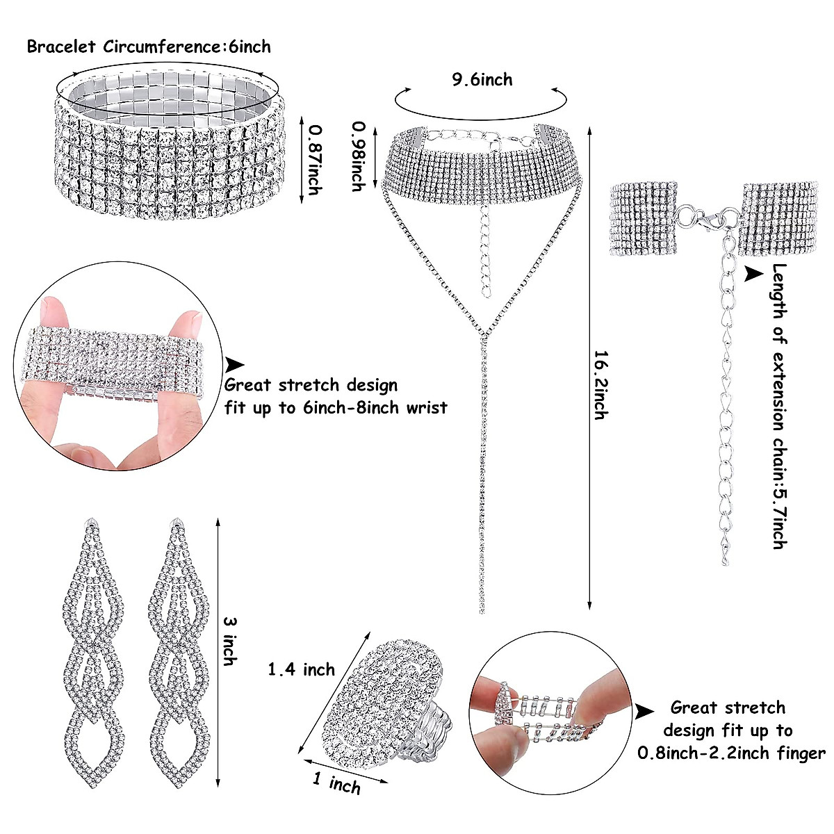 Fumete 4 Pcs Rhinestone Jewelry Set Bling Diamond Choker Necklace Bracelet Ring Earrings Set for Women Party Costume Jewelry