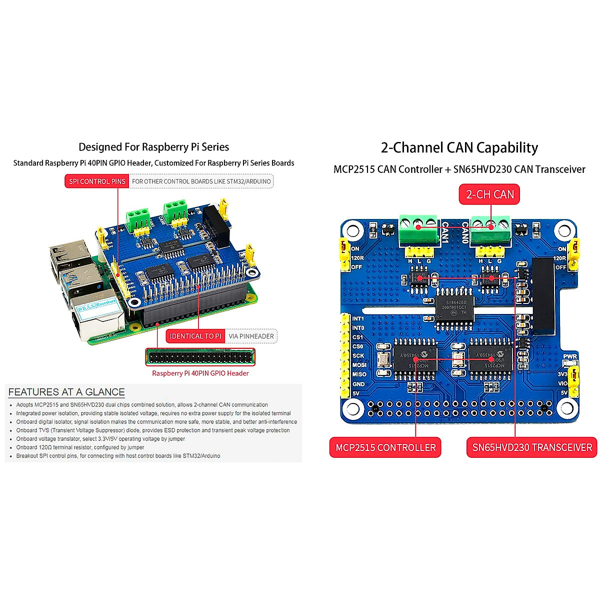 2-Channel Isolated CAN Bus Expansion HAT for Raspberry Pi 4B/3B+/3B/2B/B+/A+/Zero/Zero W, MCP2515 + SN65HVD230 Dual Chips Solution Allow 2-CH CAN Communication Onboard Multi Protection Circuits