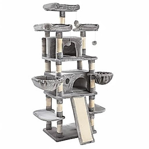 SHA CERLIN 68 Inches Multi-Level Large Cat Tree for Large Cats/Big Cat Tower with Cat Condo/Cozy Plush Cat Perches/Sisal Scratching Posts and Hammocks/Cat Activity Center Play House, Grey