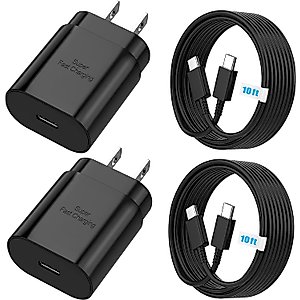 Super Fast Charger 25 Watt, for Samsung Charger USB C Block Android Phone Type C Plug Cable Cord 10ft Quick Charging for Galaxy S24/S24 Plus/S24 Ultra/S23/S22/S21 Ultra/Z Fold 3/4/5/iPhone 15-2Pack
