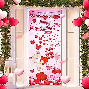 Happy Valentine's Day Door Cover Large Fabric Valentines Day Accessories Hanging Holiday Door Streamers Romantic Valentines Decorations Heart Flower Bear Backdrop Banner for Indoor Outdoor Party Decor