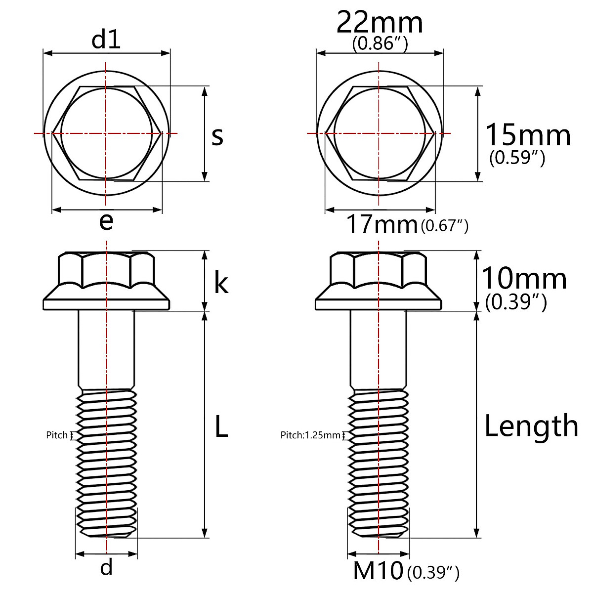 Wanyifa M10 x 30 35 40 45 55 60 65 70 75 80 100mm 1.25 Pitch Titanium Ti Flange Hex Bolt (M10x100mm)