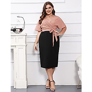 Wedding Guest Dress for Women Vintage Short Sleeve Slim Fit Belted V Neck Wrap Dresses Pink Black L