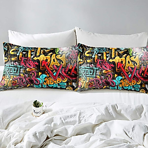 Feelyou Hippie Graffiti Comforter Cover Set Boys Teens Hip Hop Street Culture Bedding Set Kids Youth Wall Graffiti Art Duvet Cover Graffiti Pattern Quilt Cover,Room Decor 3Pcs Bedding Queen Size
