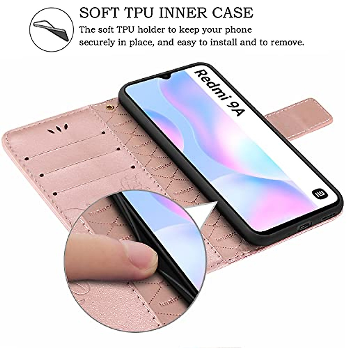 kazineer Leather Wallet Cover Phone Case for Xiaomi Redmi 9A/Xiaomi Redmi 9AT, with RFID Blocking Card Holder Slots (Rose Gold)