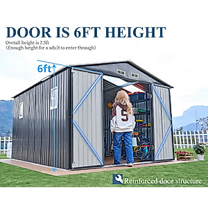VanAcc 10x12x7.5 FT Outdoor Storage Shed, Metal shed with 2 Clear Panels Hinged Double Doors 4 Vents, Outdoor Shed for Backyard, Garden, Patio, Dark Grey/White