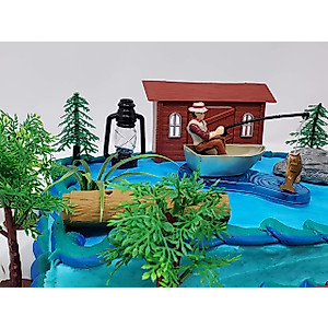 Gone Fishing Fisherman Themed Birthday Cake Topper Set Featuring Camping Angler in Boat with Decorative Themed Accessories