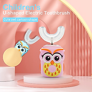Kids U Shaped Electric Toothbrush 5 Models 4 Replacement Head Wireless Charging Children's Toothbrushes,Suitable for Toddlers 1-2 Years Old and Children 2-12 Age(Pink)