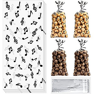 Kosiz 100 Pieces Music Notes Cellophane Goodie Bags Musical Theme Treat Bags Plastic Musical Party Candy Bags with Silver Twist Ties for Band Birthday Party Favor Supplies Dessert Pastry Decoration