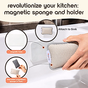 Magniche Magnetic Sponge Holder System -3-in-1 Kitchen Cleaning Combo- Magnetic Sponge Holder for Kitchen Sink, 4 Dual-Sided Dish Sponges & Scrubber, 1-Year Supply Sponges, Long-Lasting Dish Sponge
