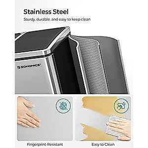 SONGMICS Trash Can, 3 x 4.8 Gallon Garbage Can, 14.4 Gallon Recycle Bin with Soft-Close Lids, Pedals, and Inner Buckets for Kitchen, Stainless Steel, Silver and Black ULTB54NL