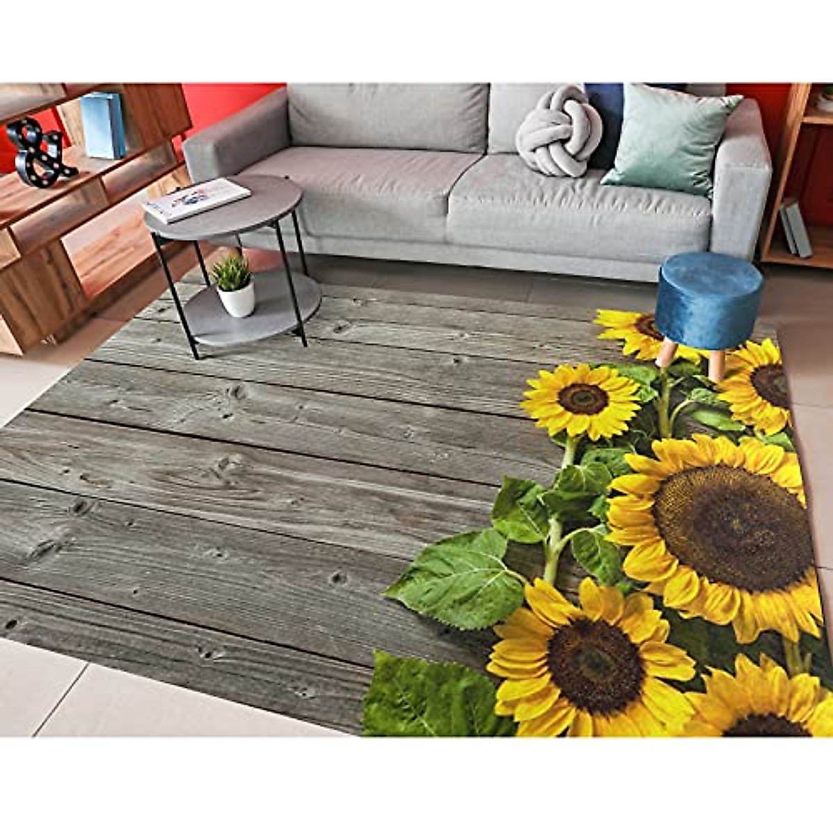 ALAZA Yellow Floral Sunflower Wooden Non Slip Area Rug 5' x 7' for Living Dinning Room Bedroom Kitchen Hallway Office Modern Home Decorative